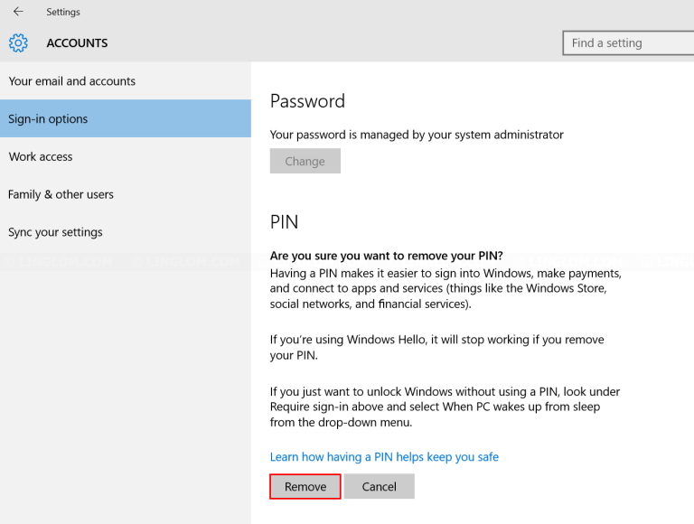 Sign in Windows 10 with PIN - Linglom.com